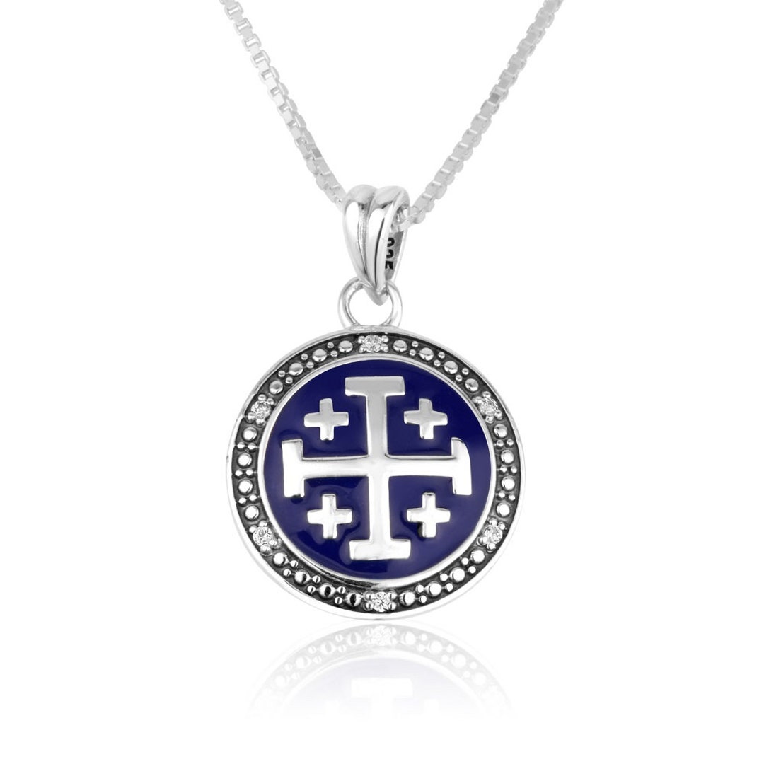 Silver Jerusalem Cross Pendant, Sterling Silver Chains, Blue Enamel ...