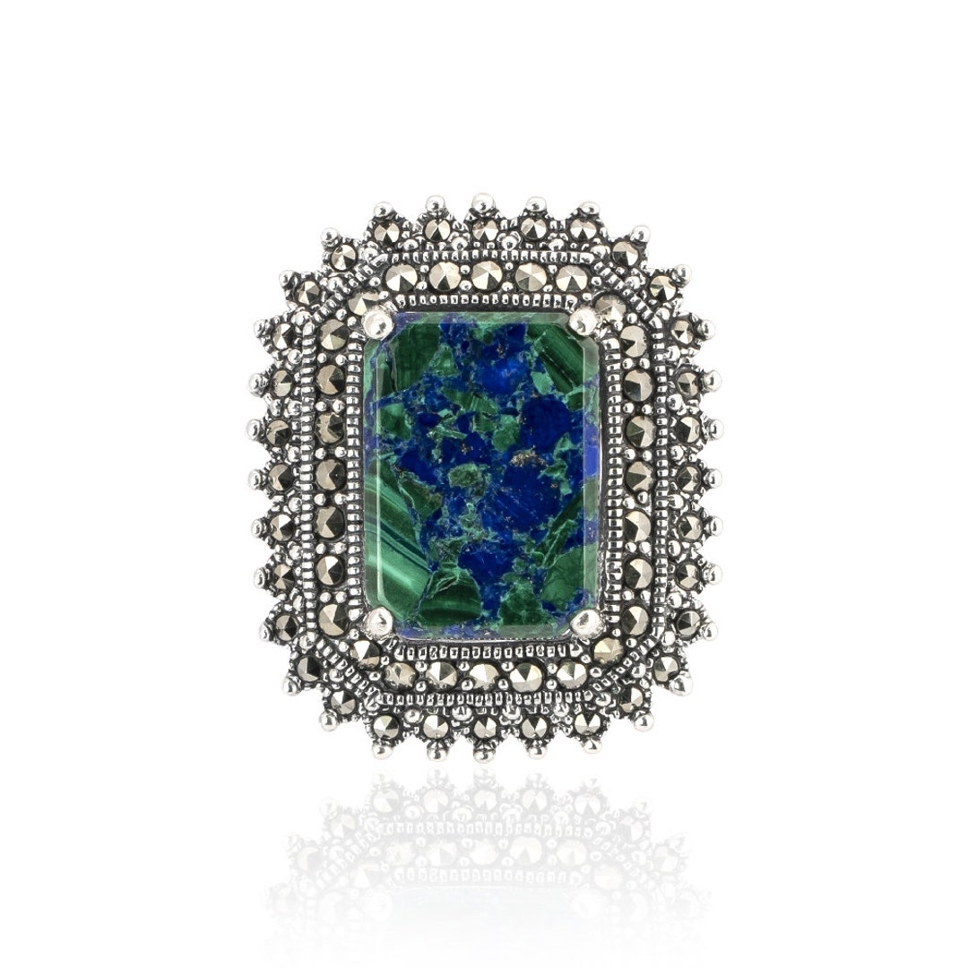 Azurite Stone Marcasite Brooch, 925 Sterling Silver Brooch, Marcasite ...
