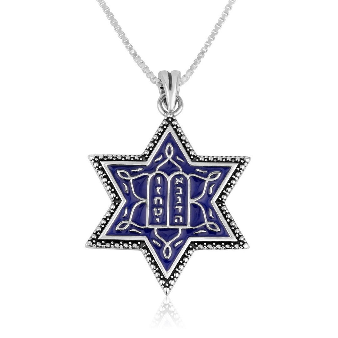 Pendant Star David, the Ten Commandments, Blue Enamel Silver Sterling ...