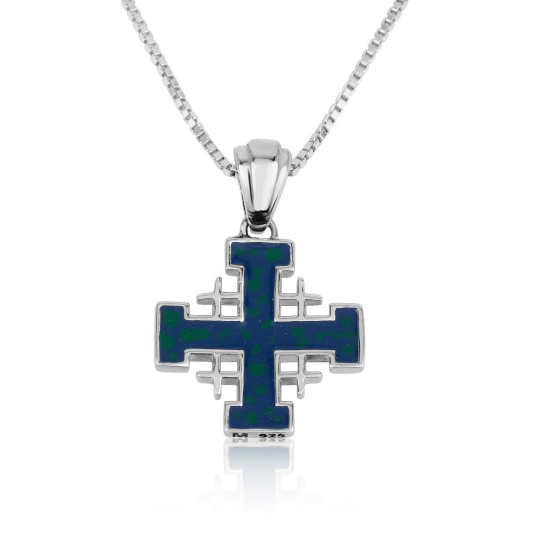 Silver Jerusalem Cross Pendant With Engraving, Bright Green-blue Enamel ...