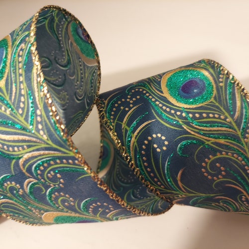 2.5 Peacock Feather Pattern Teal Sparkle Ribbon With Wired - Etsy