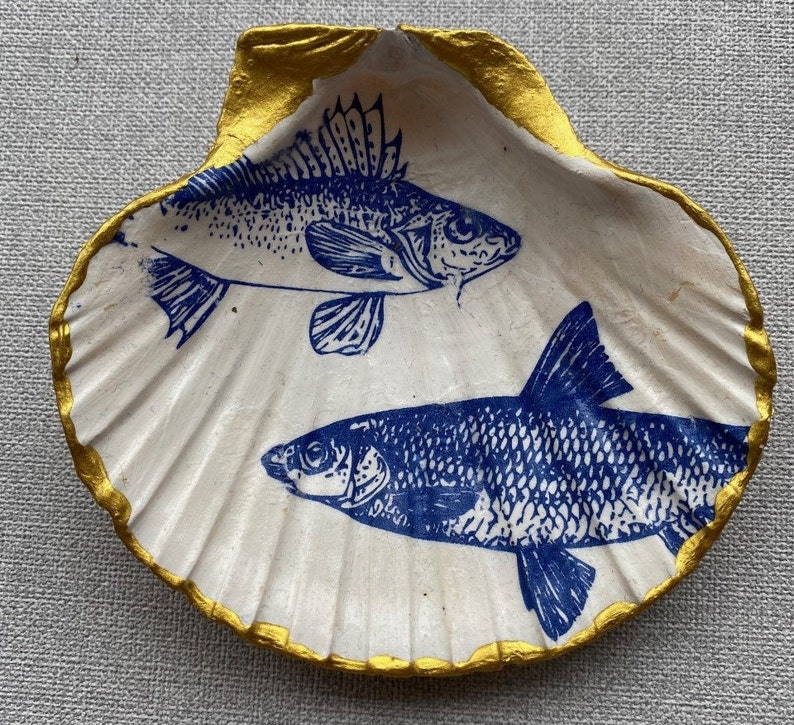 Decoupaged Scallop Shell Trinket Dish, Small Bowl, Blue Fish on White ...