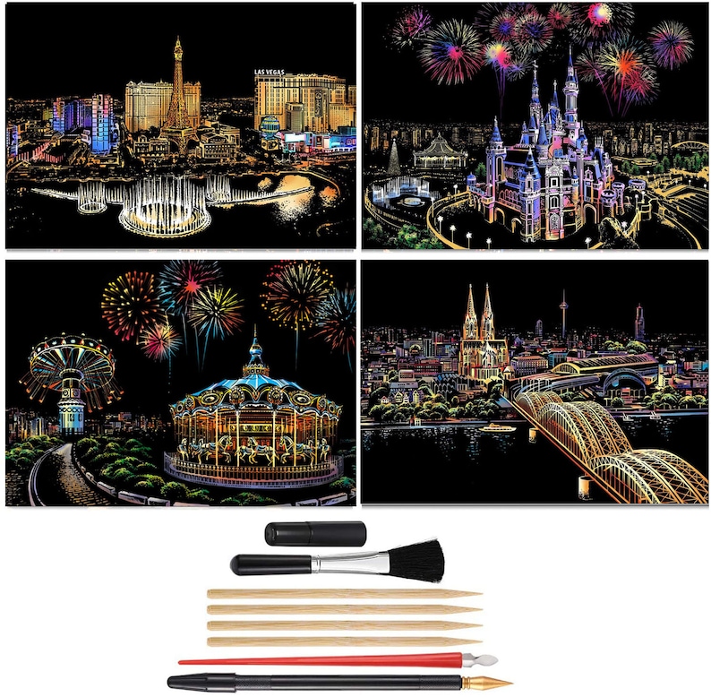 Scratch Sketch Paper Rainbow Painting Night View Art Craft, Gift for ...