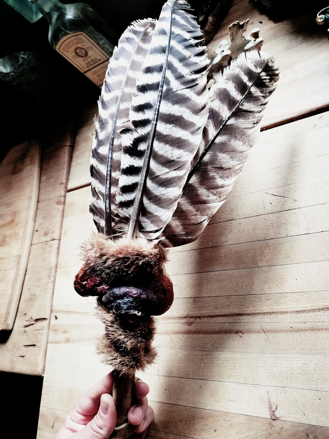 Handcrafted Smudge Fan With Red Belted Polypore, Bone, Turkey Feather ...