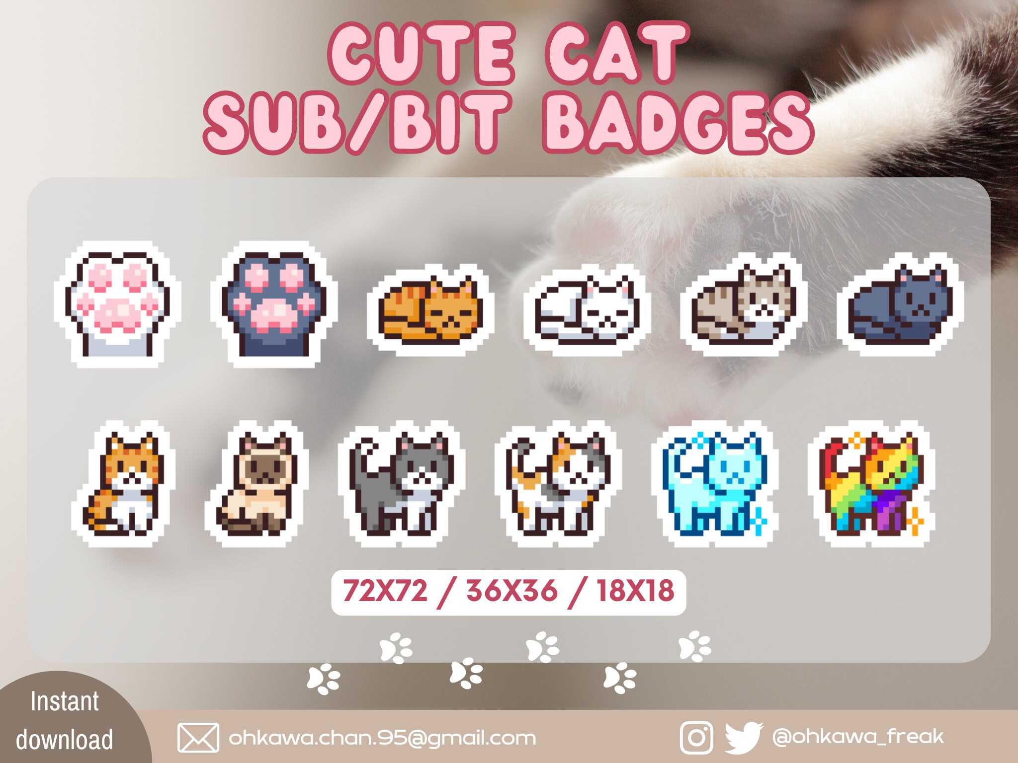 Cute Cat Twitch Sub Bit Badges / Paw / Kitty / Pet / Streamer / Pixel ...