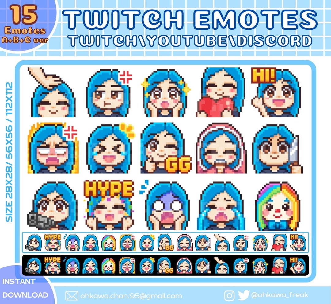 Blue Hair Girl Twitch Emotes (A+B+C Ver.) / Cute / Youtube / Discord ...