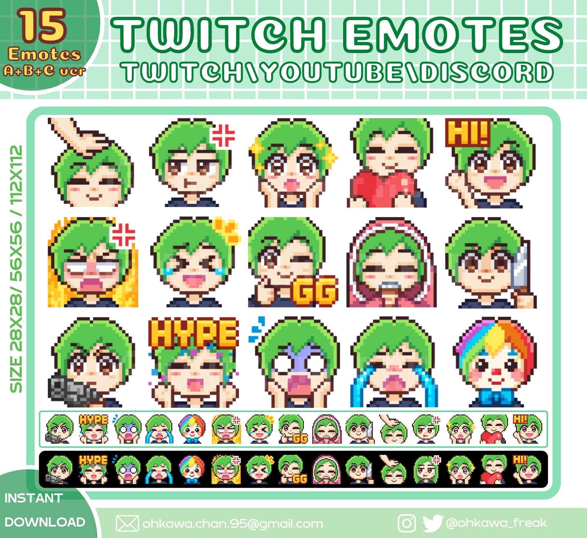 Green Hair Boy Twitch Emotes (A+B+C Ver.) / Cute / Youtube / Discord ...