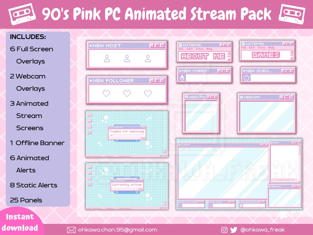Full 90's Pink PC Animated Stream Package / Retro Windows / Kawaii ...