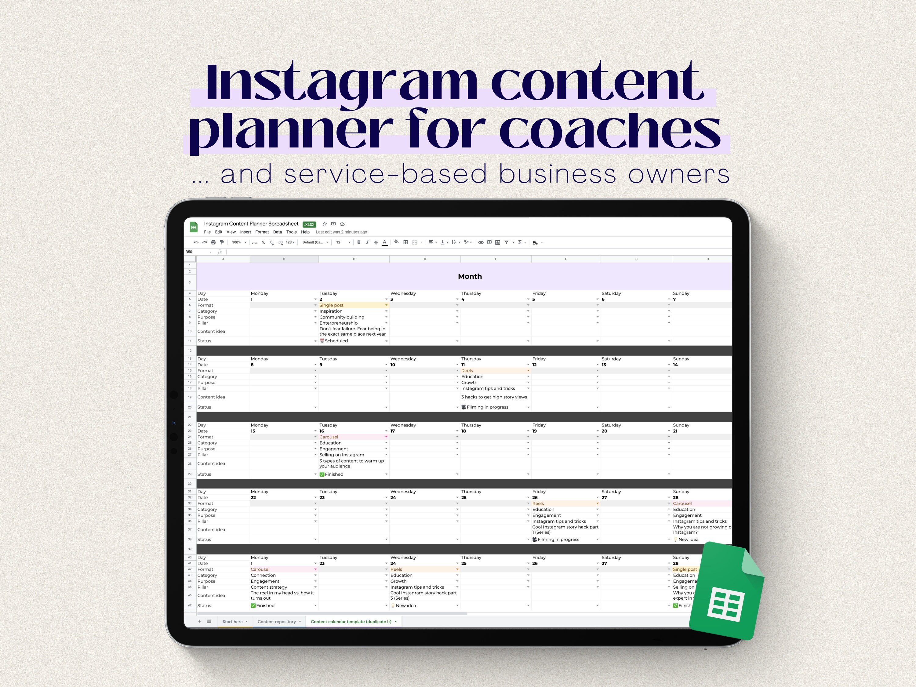 Instagram Content Calendar Google Sheets Content Planner - Etsy