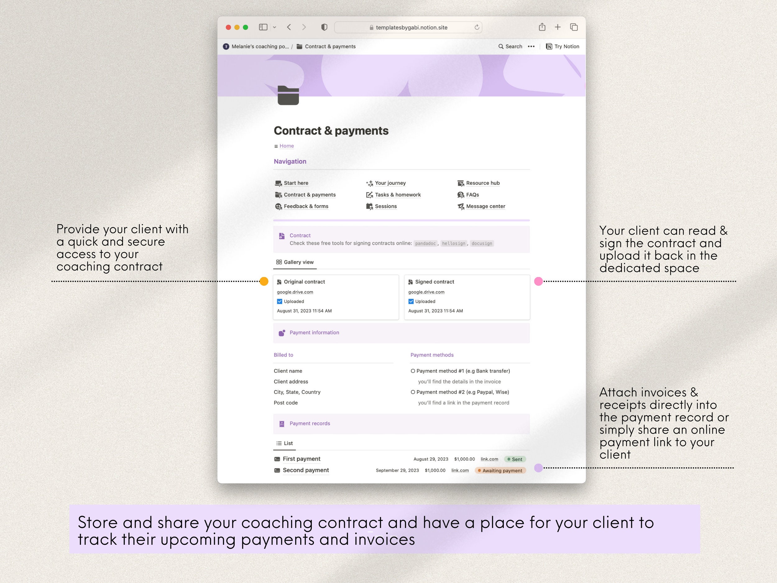 Modelo de portal do cliente no Notion para coaches, modelo de portal do ...