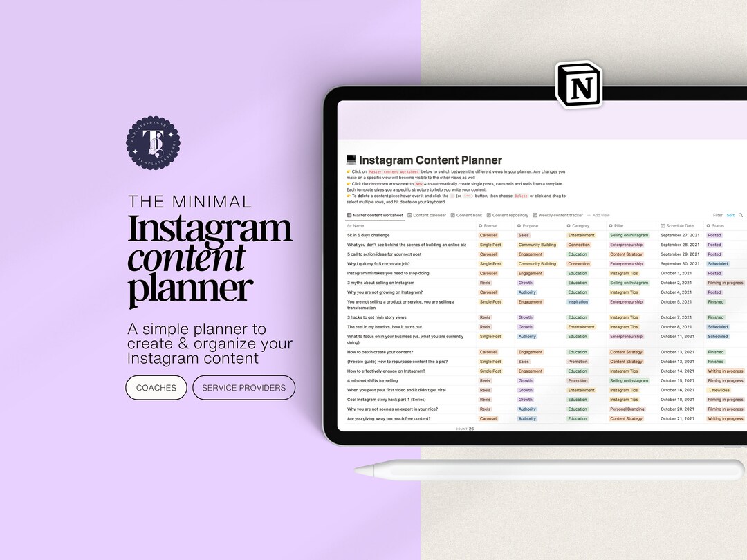 Instagram Social Media Planner for Coaches, Content Planner Coach ...