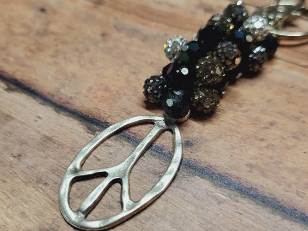 Boho Black & White Bling Peace Sign Chunky Keychain Purse Charm Bag ...