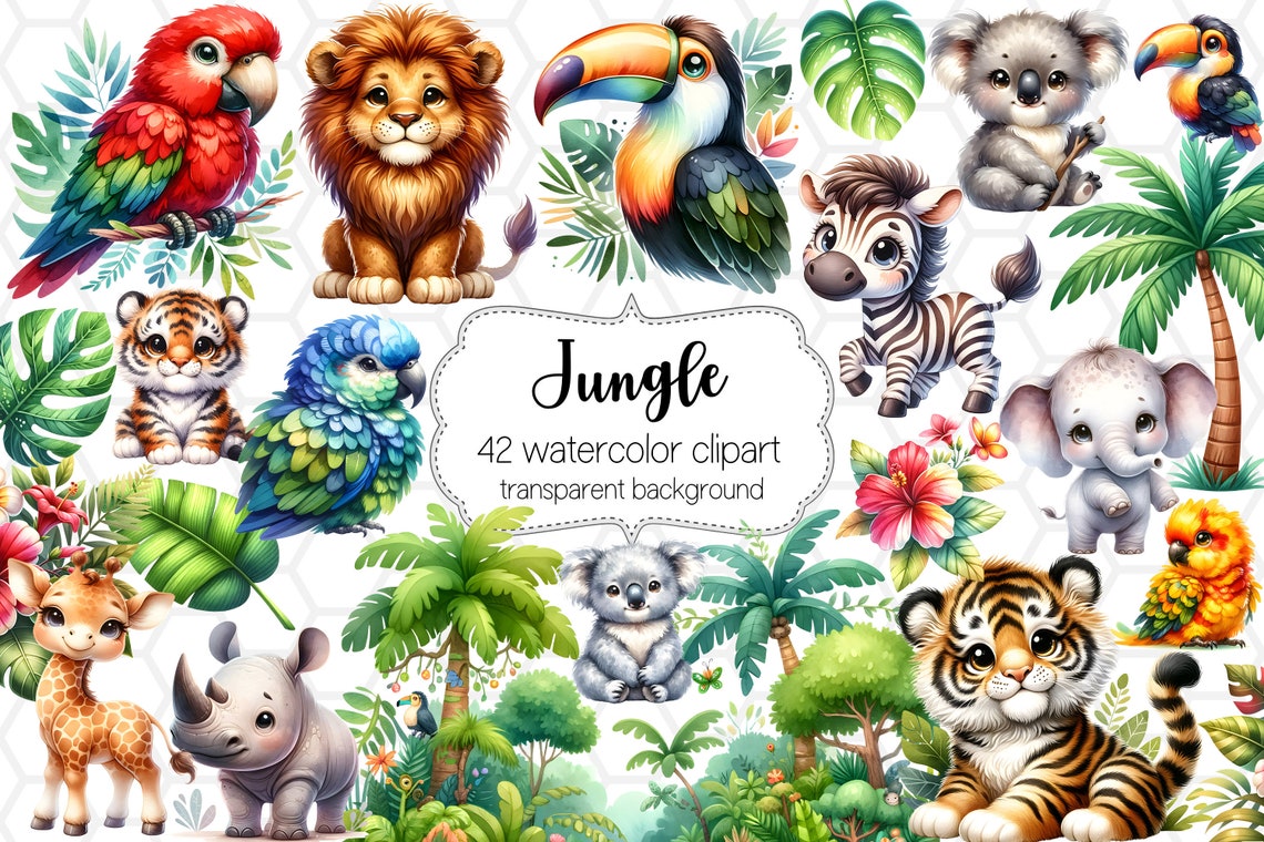 Jungle Animal Watercolor Clipart: 42 PNG Files (digital Download) - Etsy
