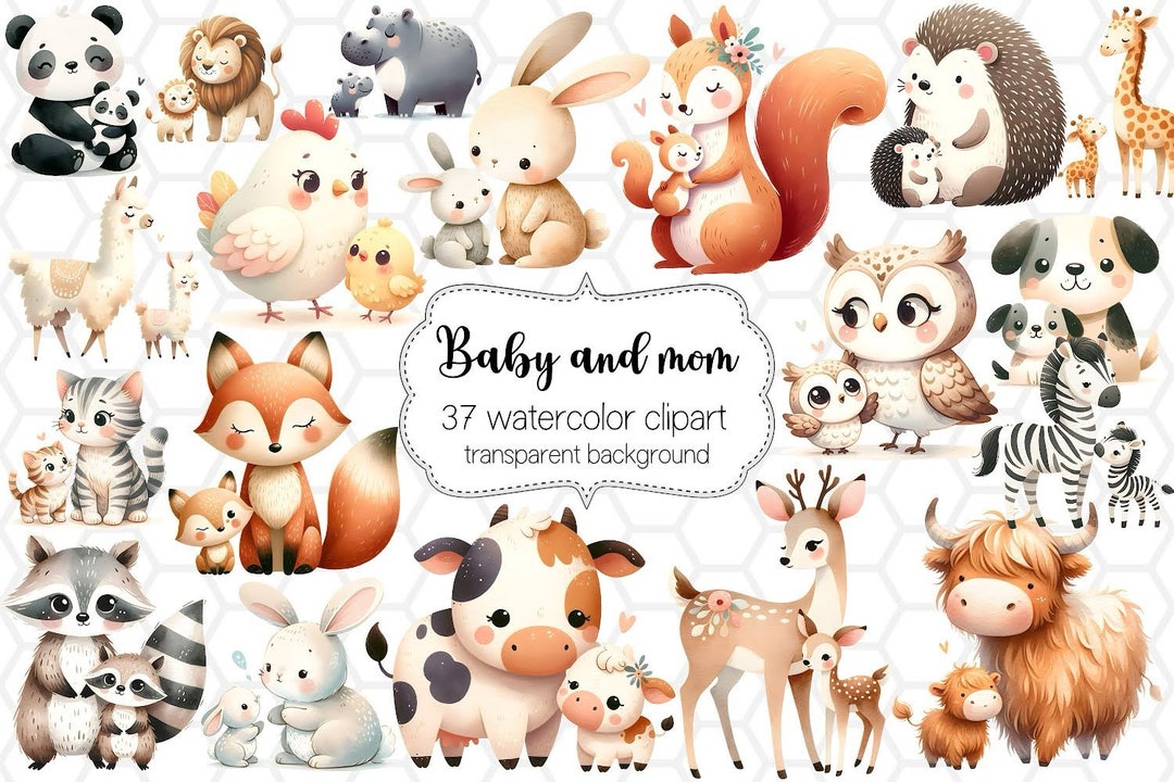 Baby Animal Watercolor Clipart: Mother's Day PNG Files (digital ...