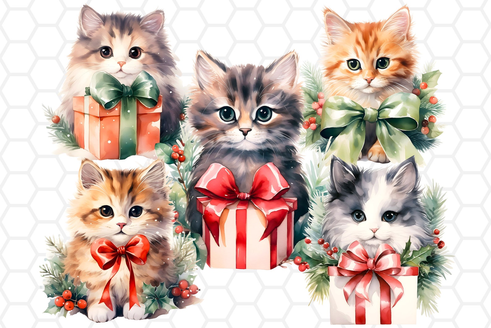 Cute Watercolor Christmas Cat Png Files for Sublimation, Cat Clipart ...