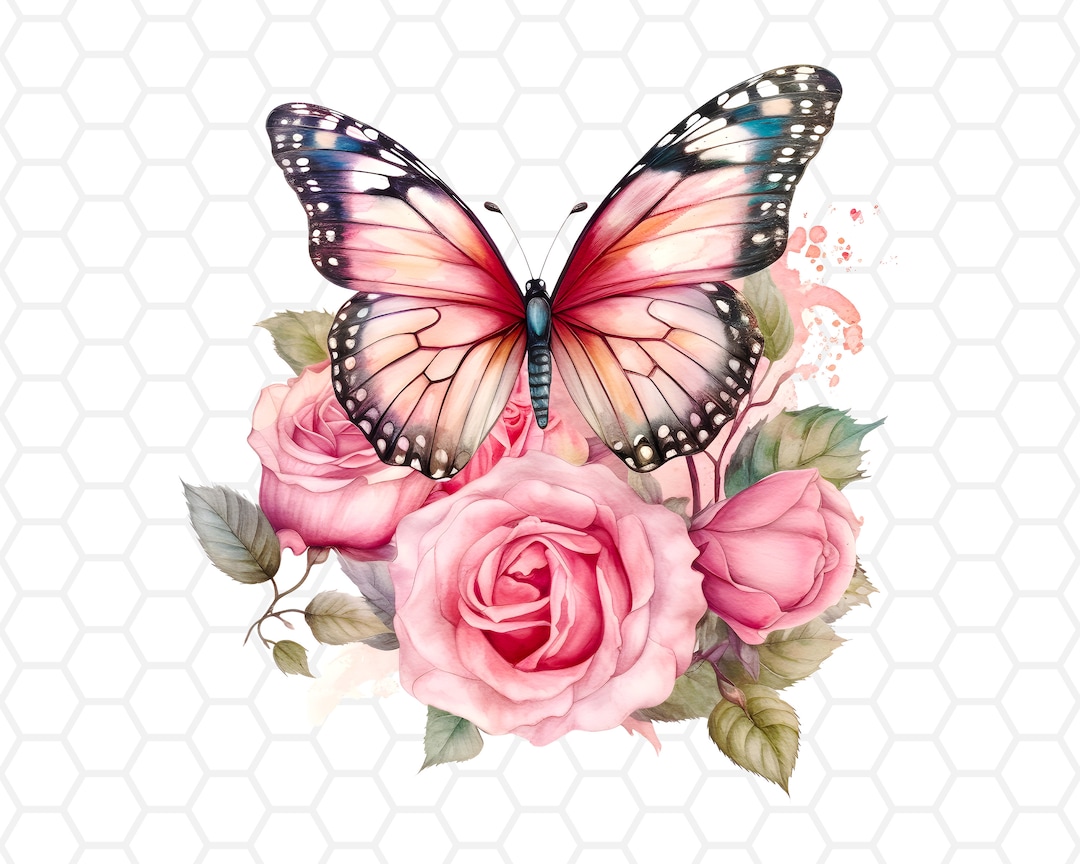 Watercolor Butterfly & Roses PNG Clipart: Sublimation Designs (digital ...
