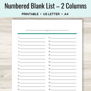 Numbered Blank List With Two Columns, Simple List Template, Printable ...