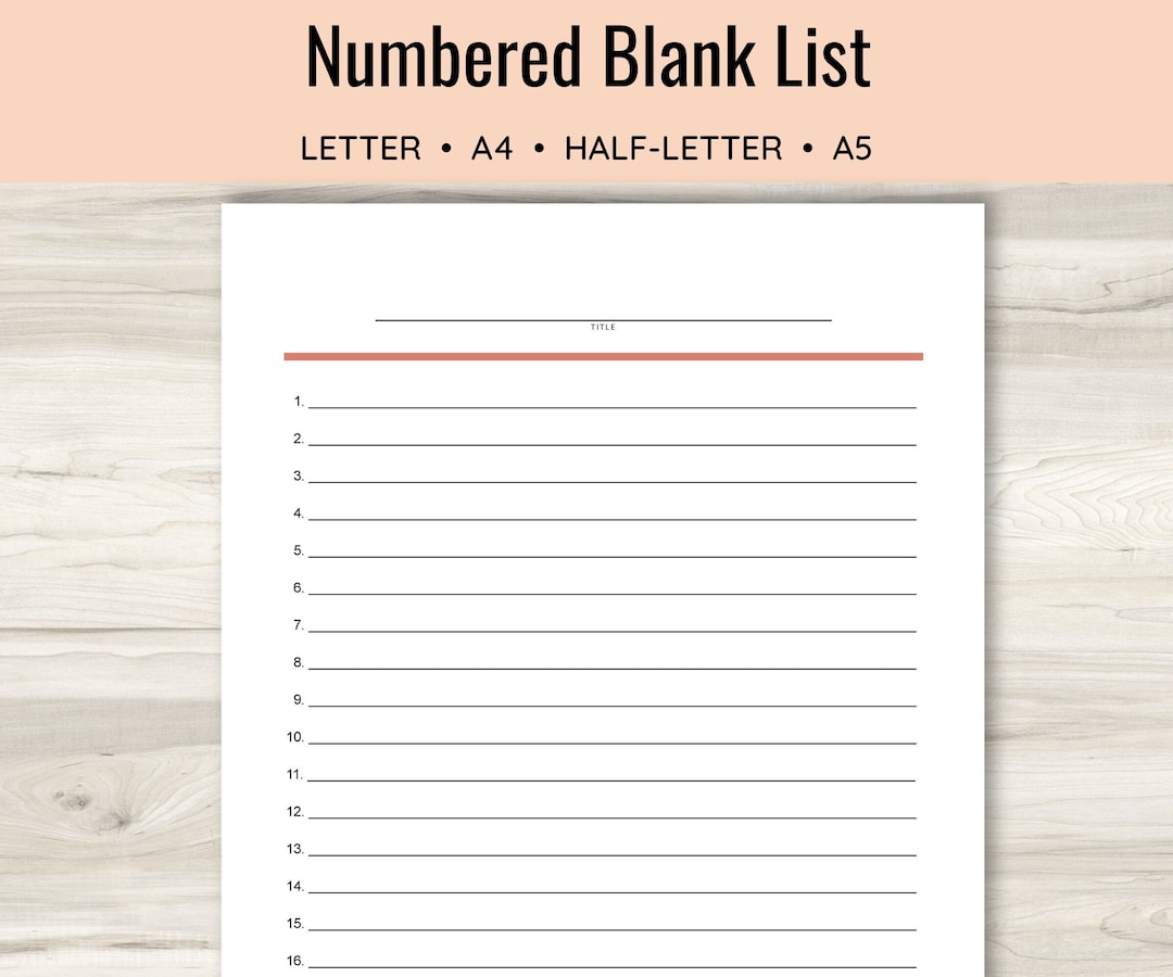 Numbered Blank List, Simple List Template, Printable List, Lined List ...