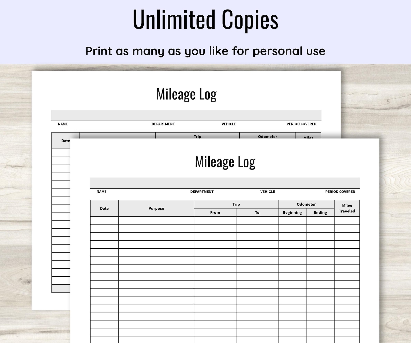 Printable Auto Mileage Log, Business or Personal Vehicle Mileage Record ...