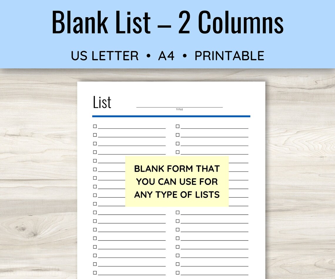 Printable Blank List 2 Column Checklist Simple List Form - Etsy