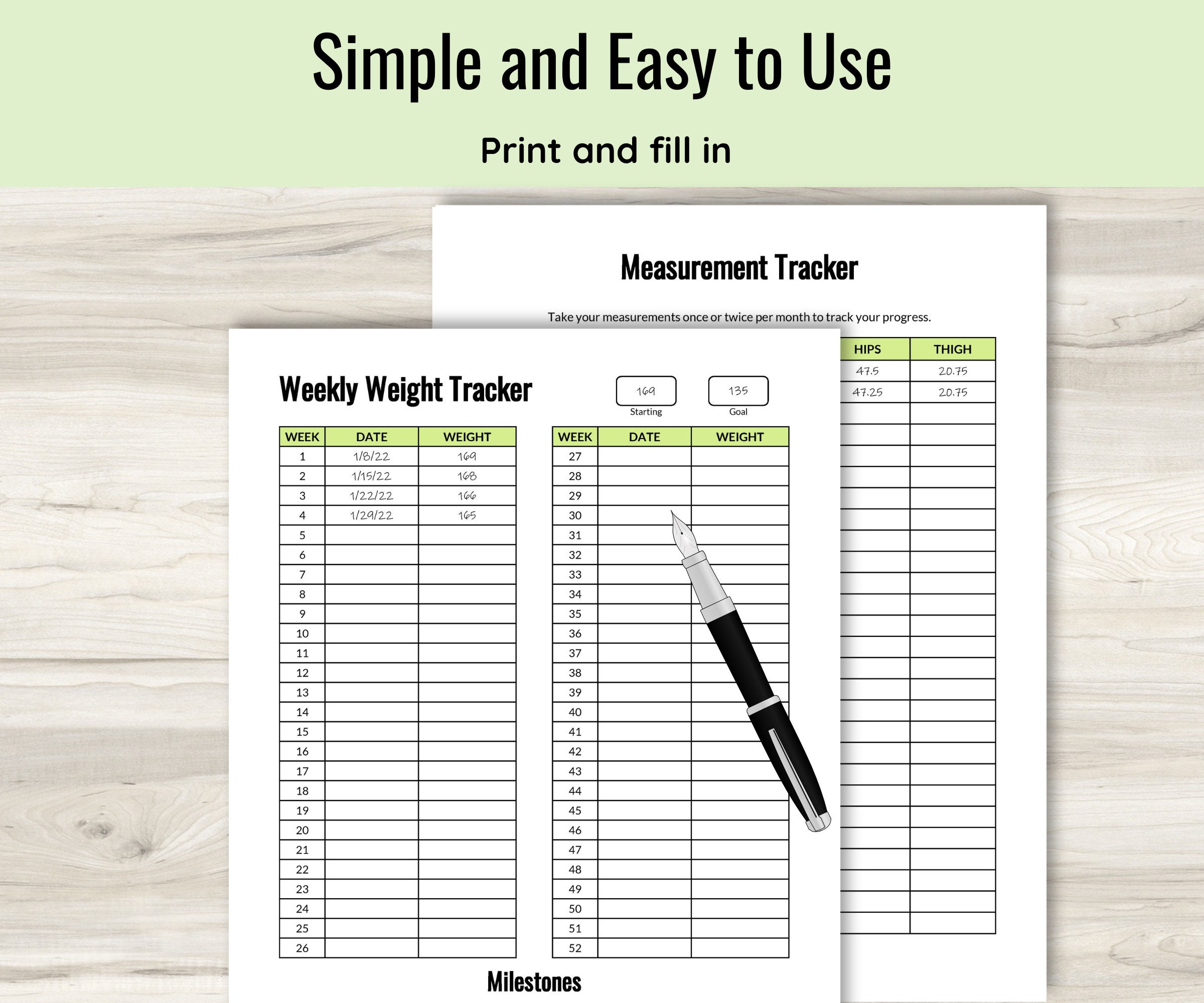 Weight and Measurement Tracker, Weight Loss Log, Chart, Weekly Weigh-in ...