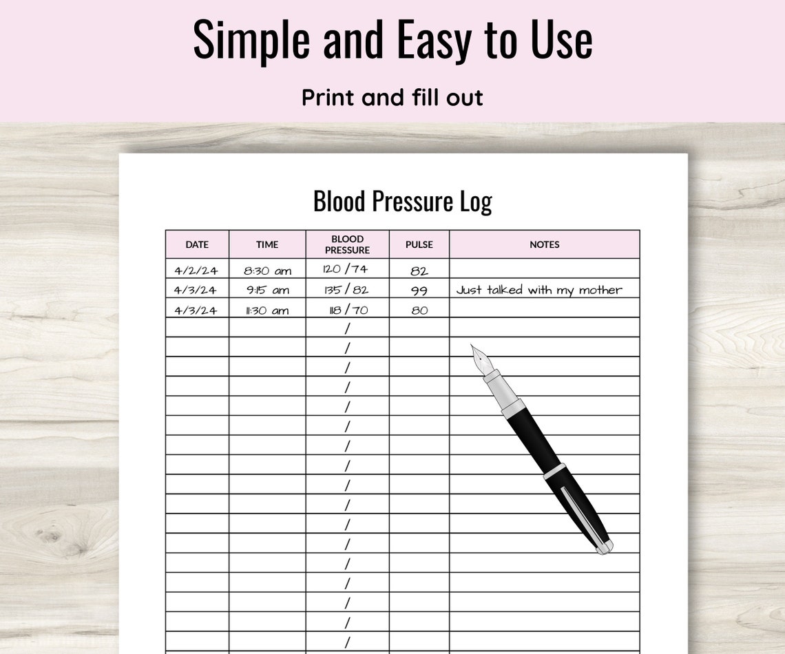 Blood Pressure Log Printable, Blood Pressure Chart, BP Tracker, Daily ...