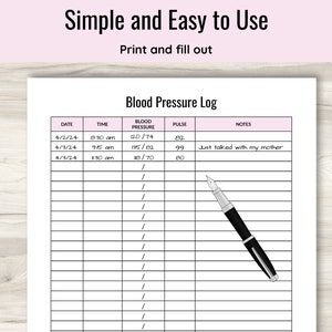 Blood Pressure Log Printable, Blood Pressure Chart, BP Tracker, Daily ...