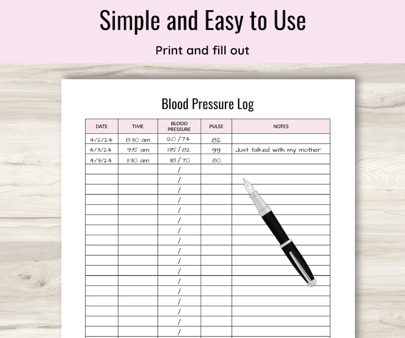 Blood Pressure Log Printable, Blood Pressure Chart, BP Tracker, Daily ...