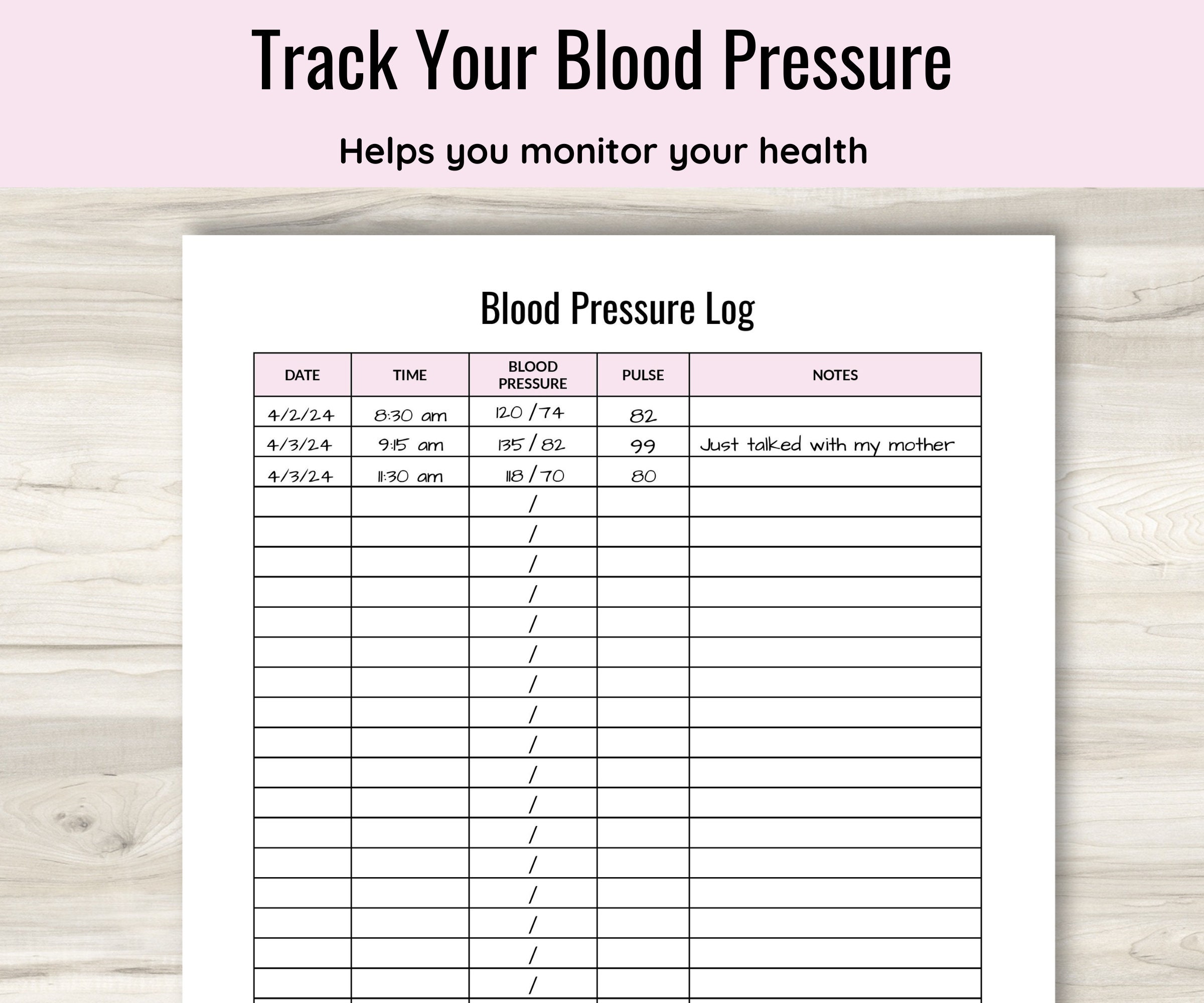 Blood Pressure Log Printable, Blood Pressure Chart, BP Tracker, Daily BP Tracker, Heart Rate ...