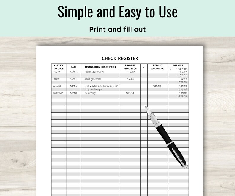Check Register Printable, Checkbook Log, Account Tracker, Debit Card ...