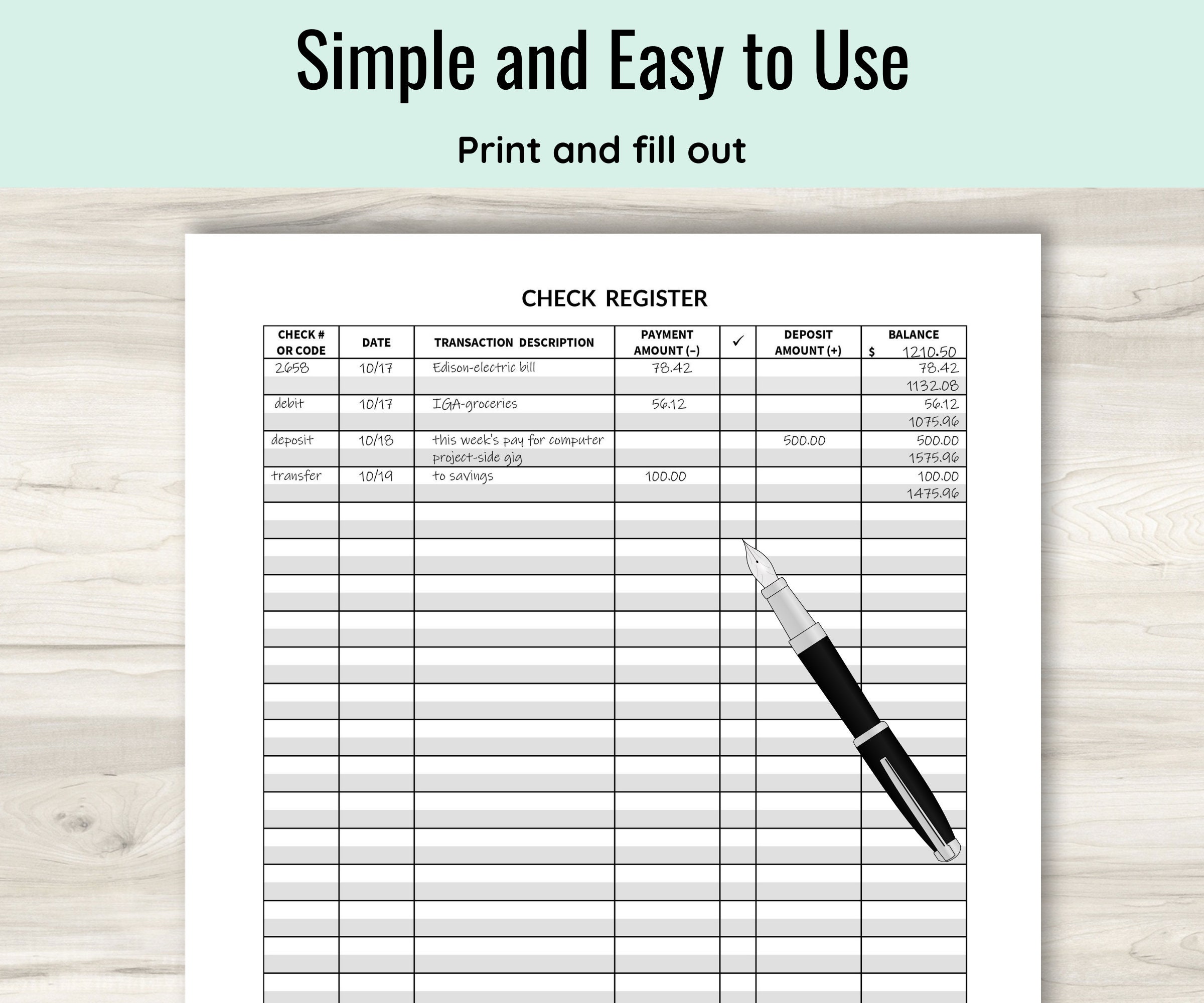 Check Register Printable, Checkbook Log, Account Tracker, Debit Card ...