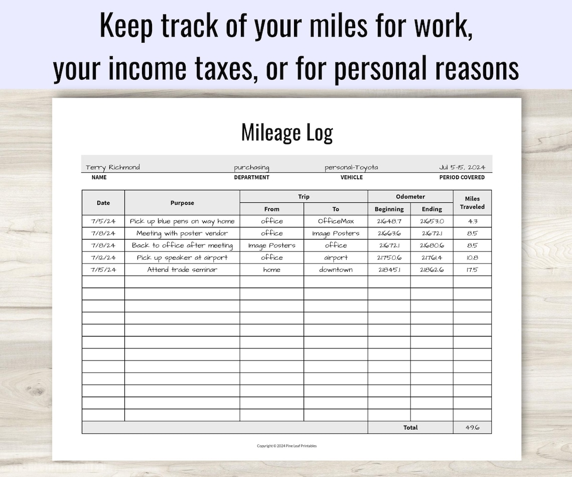 Printable Auto Mileage Log, Business or Personal Vehicle Mileage Record ...