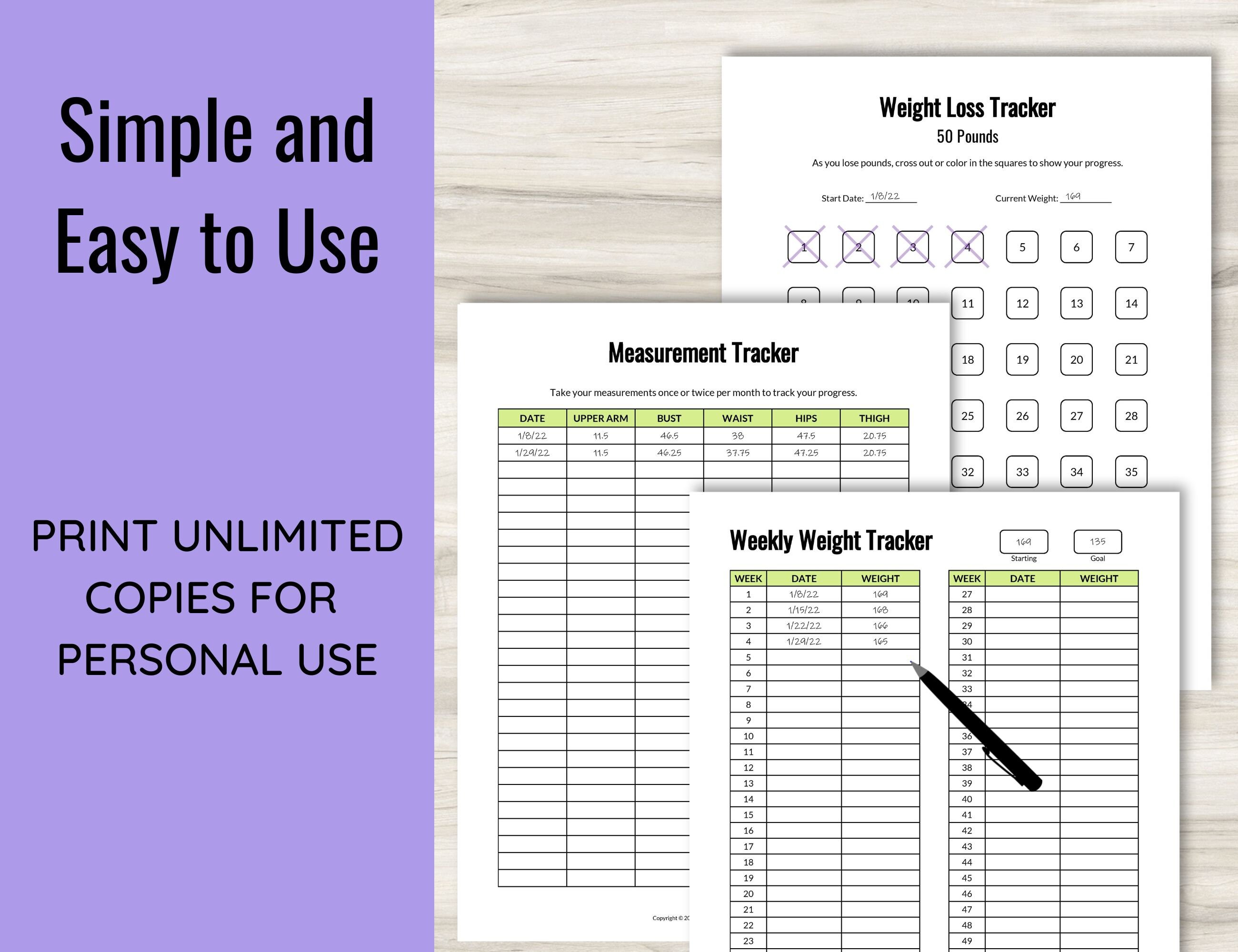 Weight Tracker Bundle Measurement Chart Weight Loss Log Weekly Weigh-in ...