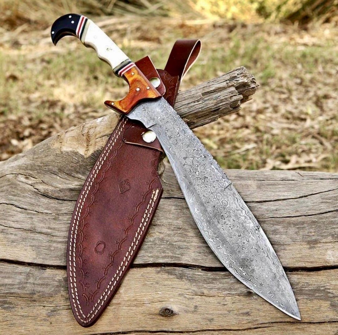 Custom Damascus Steel Machete Knife Handmade Kukri Knife Camel Bone ...