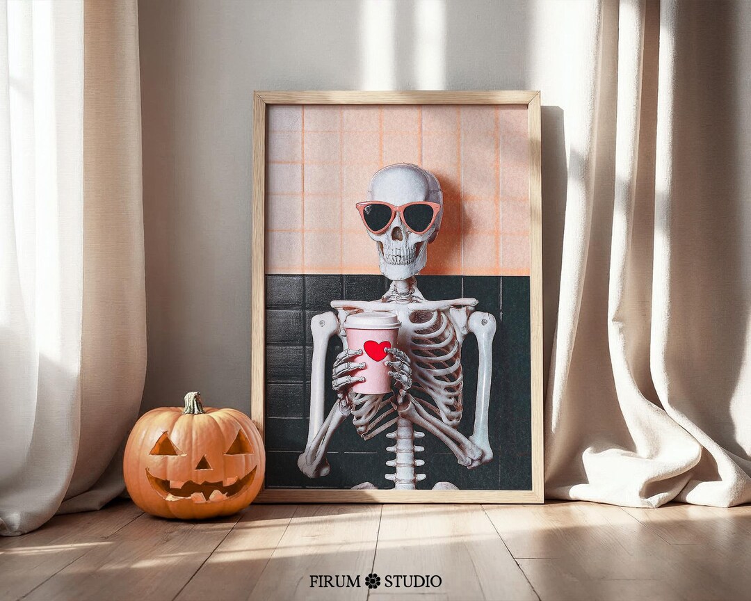 Skeleton Having Coffee Printable Wall Art, Retro Halloween Wall Decor ...