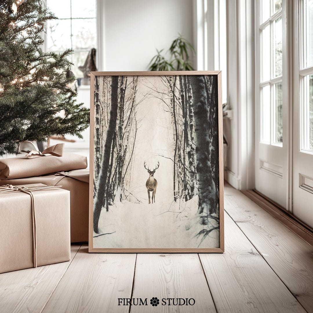 Vintage Snowy Forest Reindeer Printable Wall Art, Light Winter ...