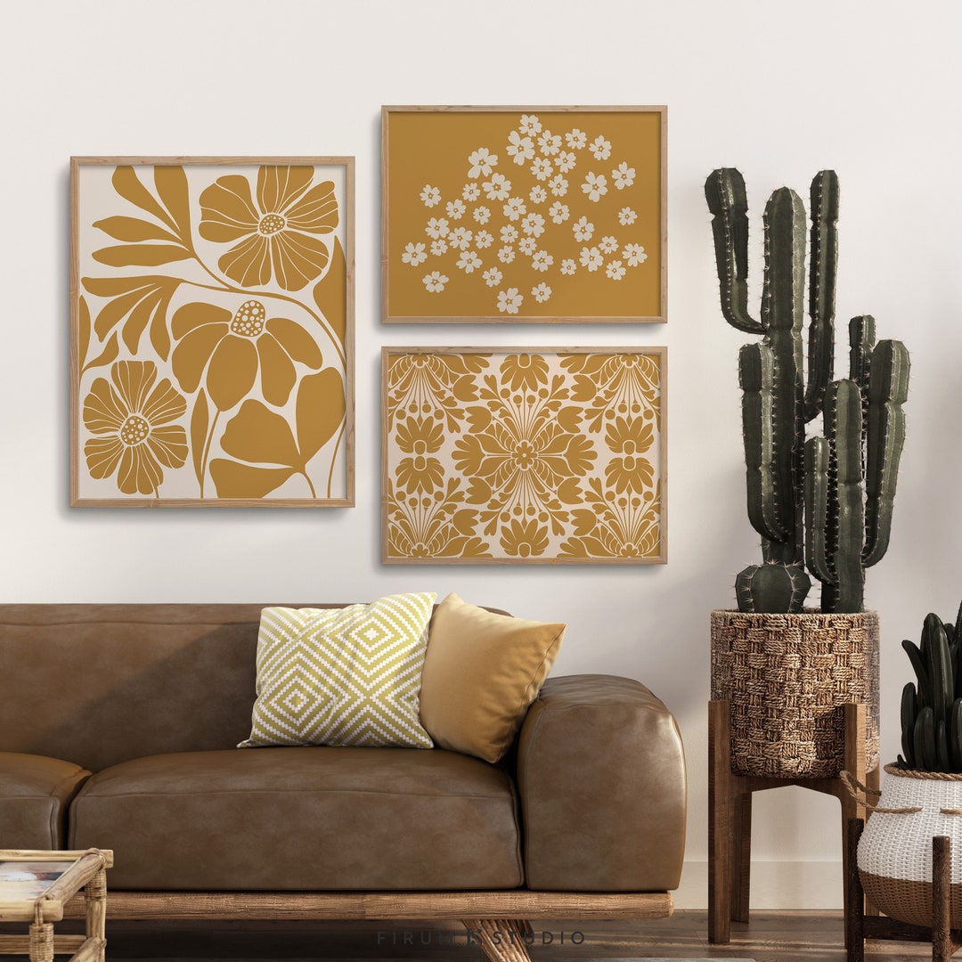 Mustard Yellow Set of 3 Boho Modern Posters, Abstract Floral ...