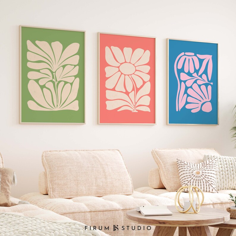 Bright Colorful Art, Wall Art Set of 3, Abstract Botanical, Printable ...