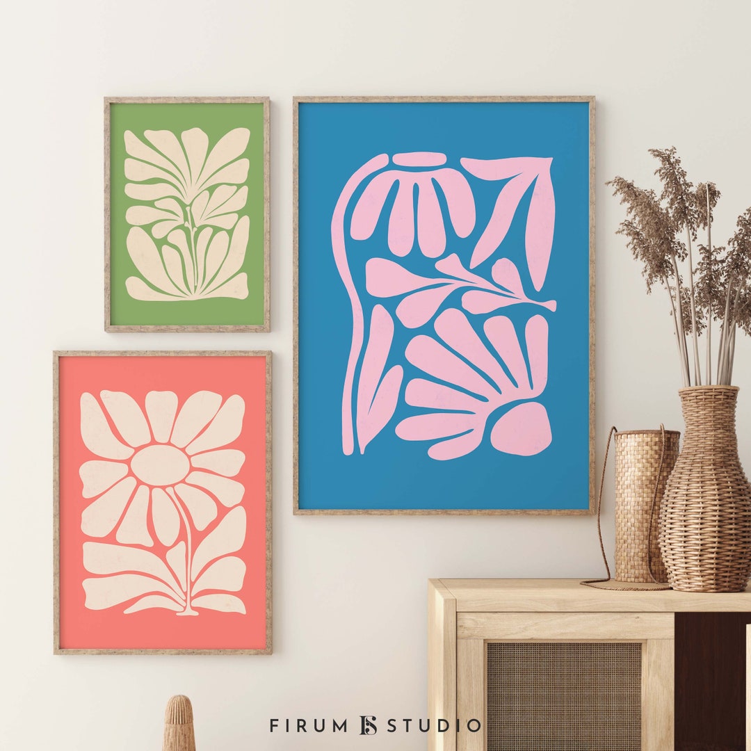 Bright Colorful Art, Wall Art Set of 3, Abstract Botanical, Printable ...