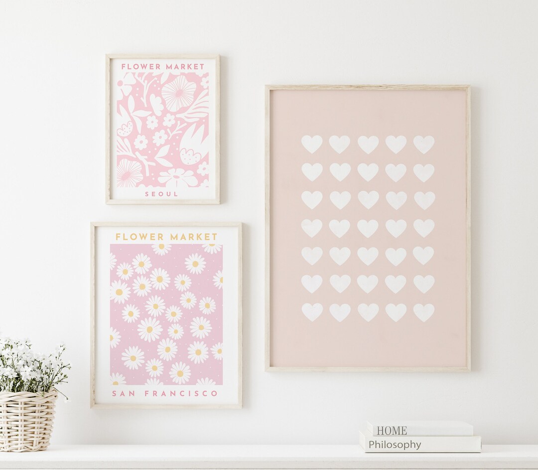 Pastel Pink Wall Art, Set of 3 Prints, Downloadable Art, Flower Market ...