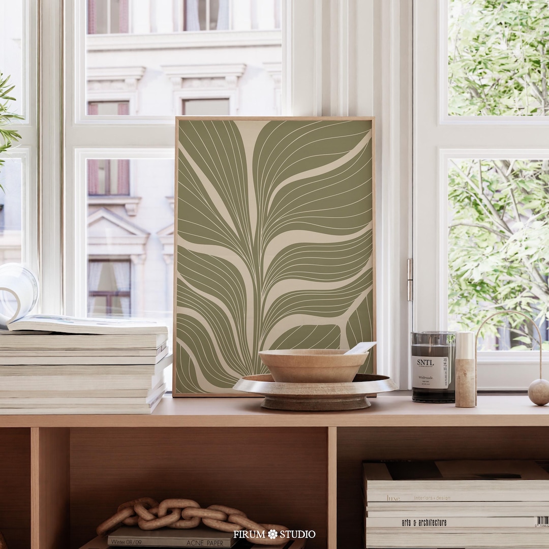 Impressão artística abstrata em tons de verde suave, decoração boho ...