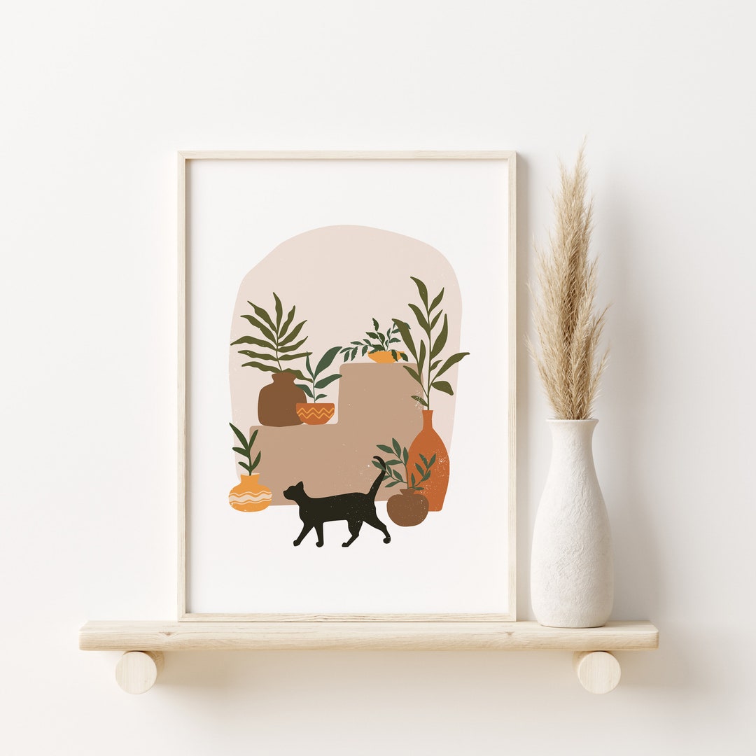Boho Black Cat Print, Earth Tones, Bohemian Art, Eclectic Bedroom Decor ...