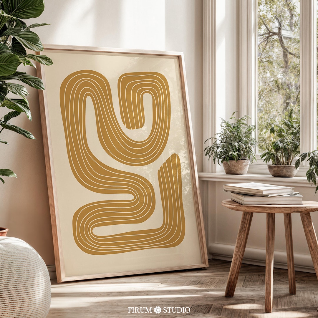 Mid-century Modern Mustard Yellow Abstract Line Art, Printable Wall Art ...