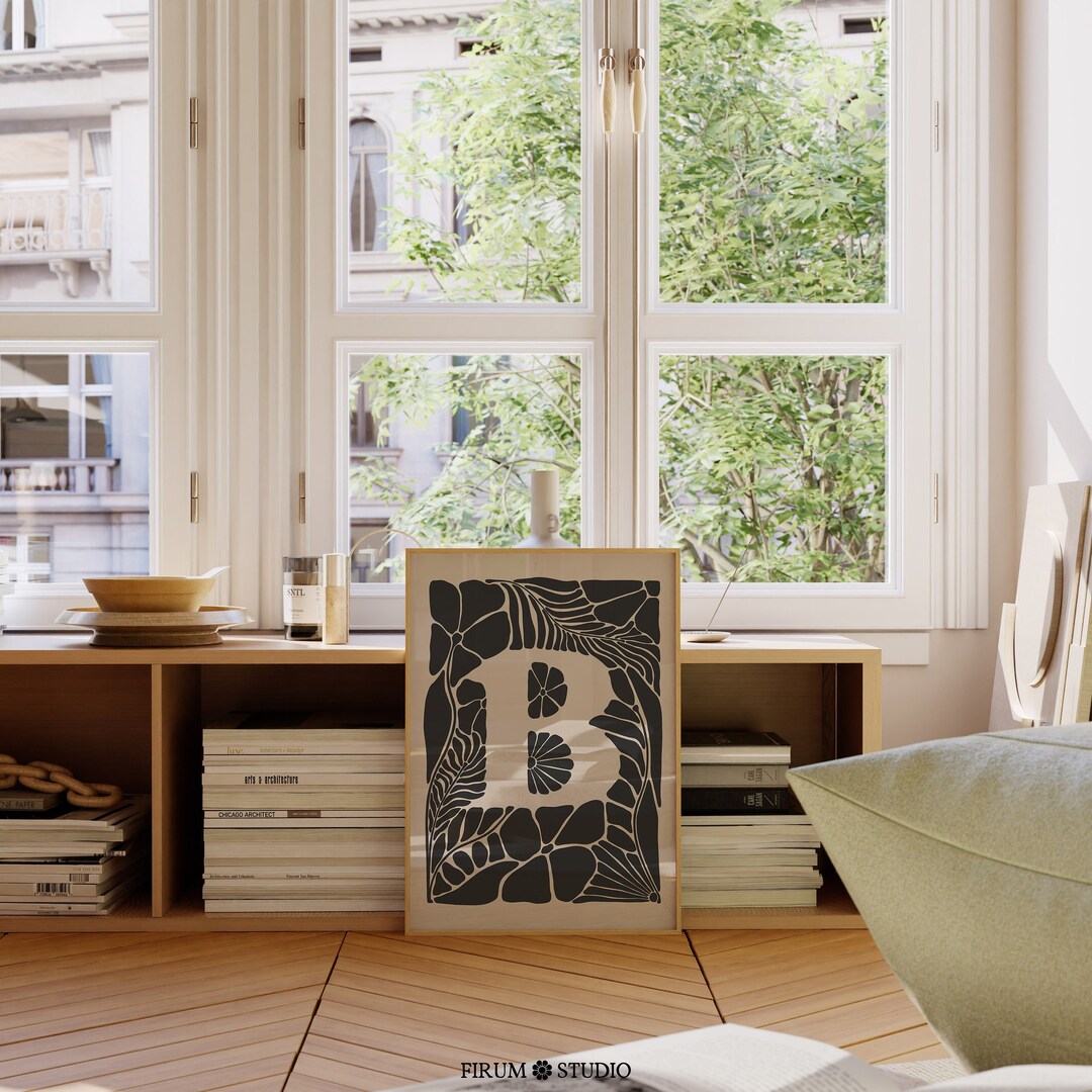 Letter B Printable Wall Art, Beige and Black Abstract Botanicals ...