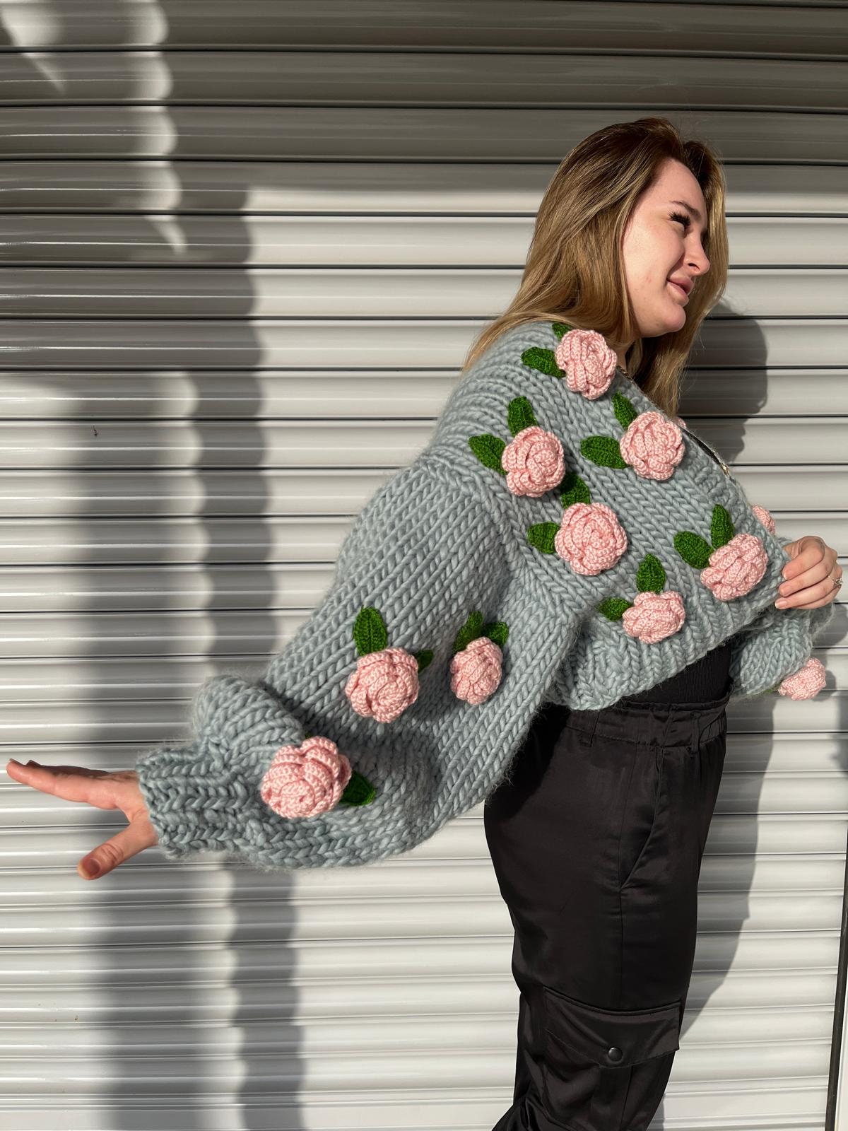 Pink Roses Cardigan , Chunky Cropped Cardigan for Woman , White Sweater ...