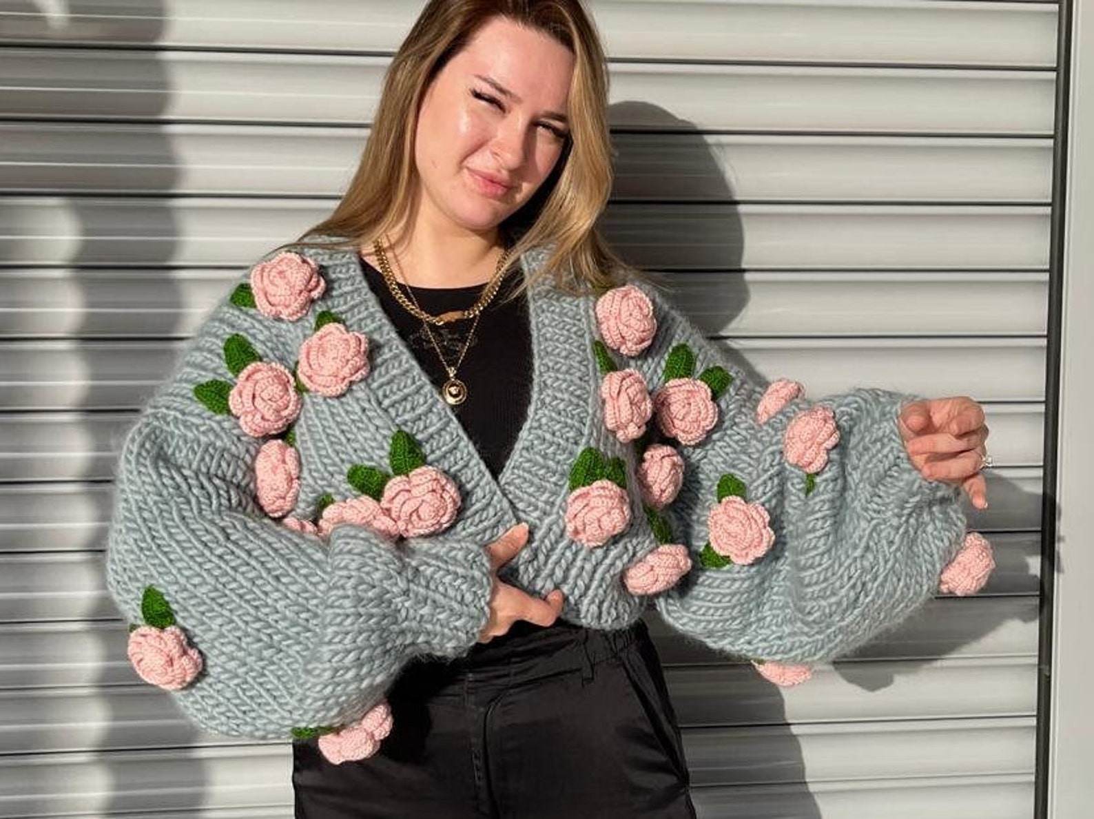 Pink Roses Cardigan , Chunky Cropped Cardigan for Woman , White Sweater ...