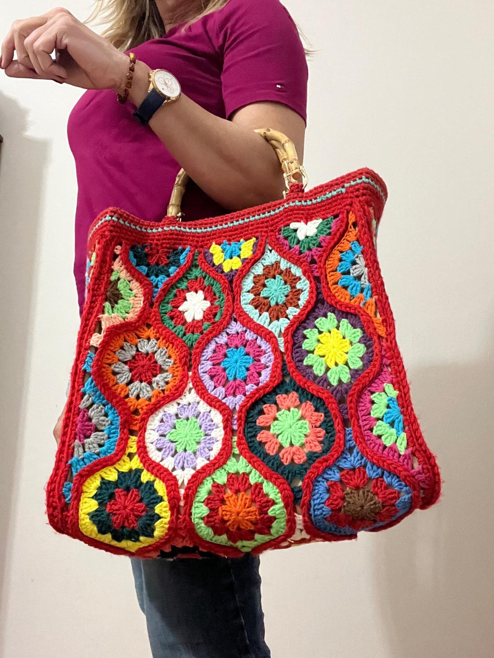 Colorful Large Crochet Granny Square Shoulder Bag With Bamboo Shoulder ...