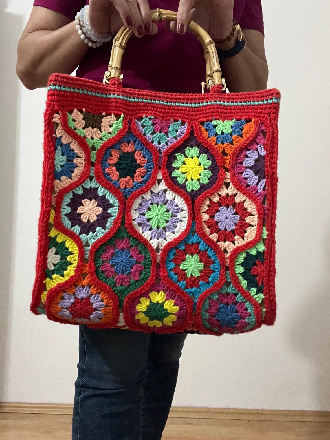 Colorful Large Crochet Granny Square Shoulder Bag With Bamboo Shoulder ...