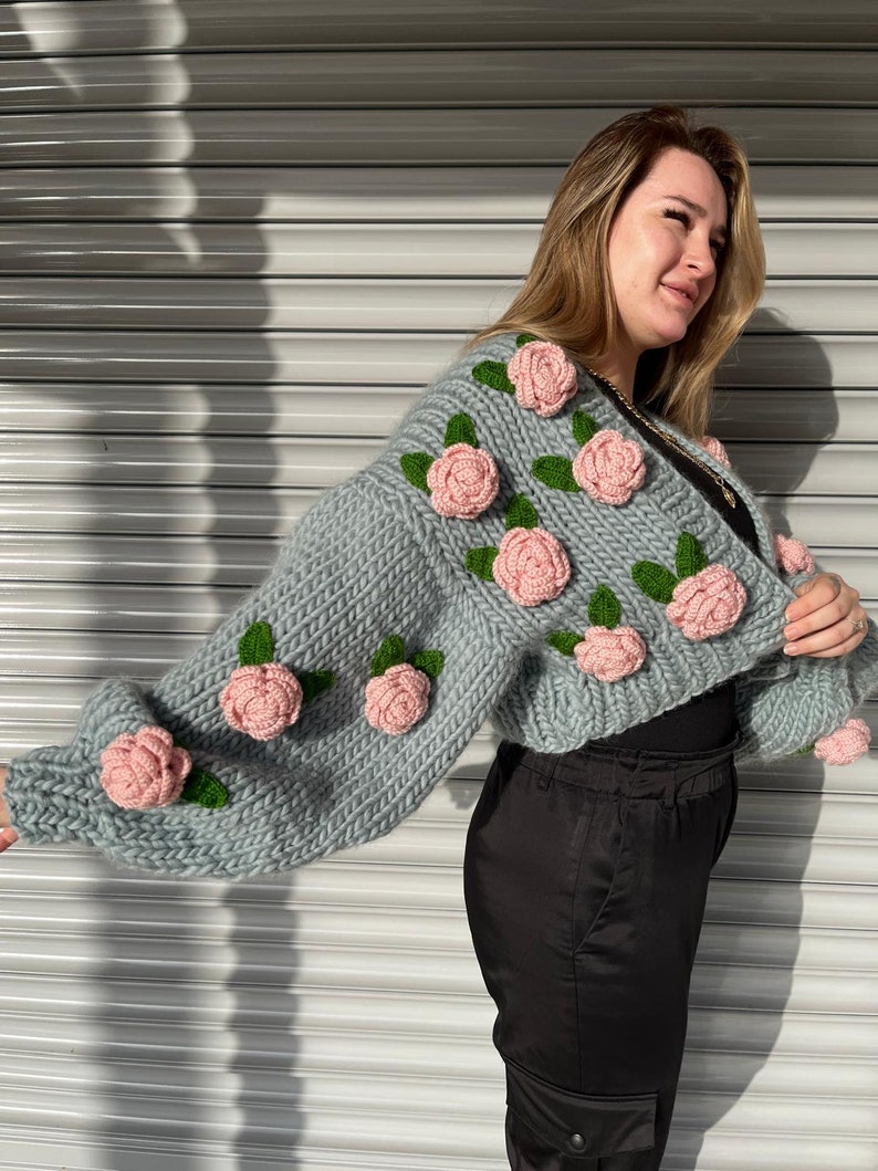Pink Roses Cardigan , Chunky Cropped Cardigan for Woman , White Sweater ...