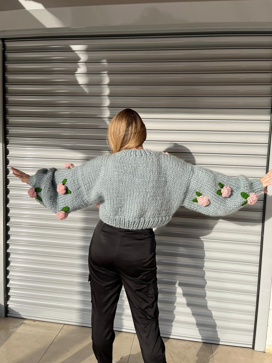 Pink Roses Cardigan , Chunky Cropped Cardigan for Woman , White Sweater ...